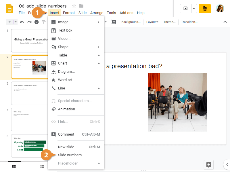 Add Slide Numbers CustomGuide